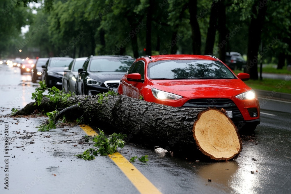 Accident, during a storm, fallen tree blocks the road and causes a ...