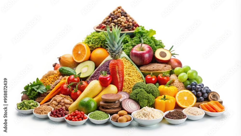 Colorful illustration of a food pyramid with fresh fruits, vegetables ...