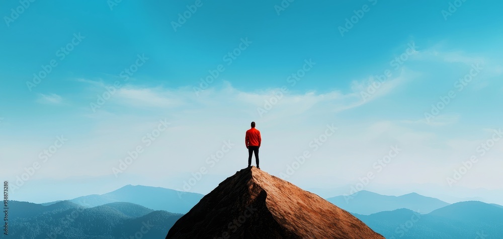Person looking out at the horizon from a mountain peak, ready for new ...