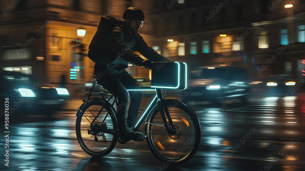 Nighttime Urban Delivery: Cyclist Courier Navigates City Streets for ...