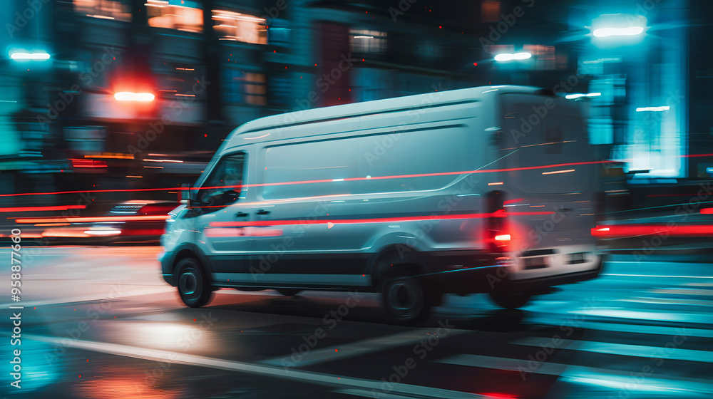 High-Speed Delivery Van in Motion on a City Street at Night – Blurred ...
