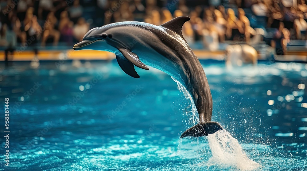 A dolphin performing a high jump out of the water during a marine show ...