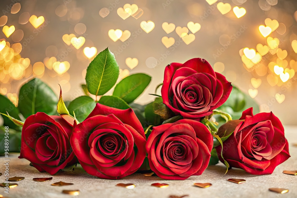 Delicate, velvety red roses entwined with shimmering gold hearts and ...