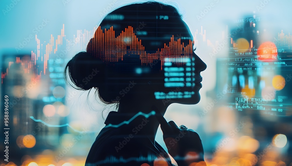 Woman Silhouetted Against Cityscape and Data Visualizations Stock Photo ...