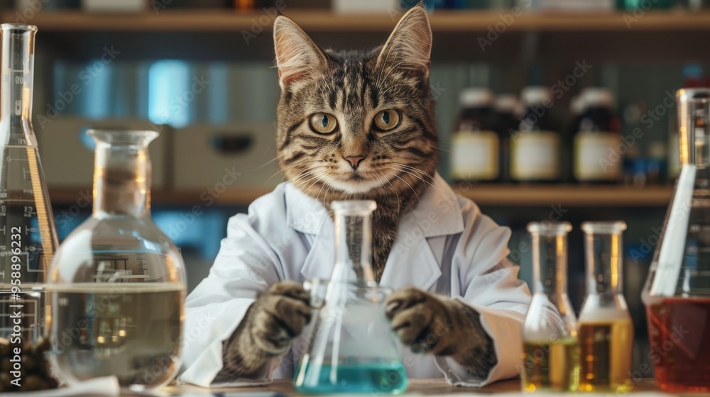 Cat Scientist in Laboratory Conducting Experiments with Beakers and ...