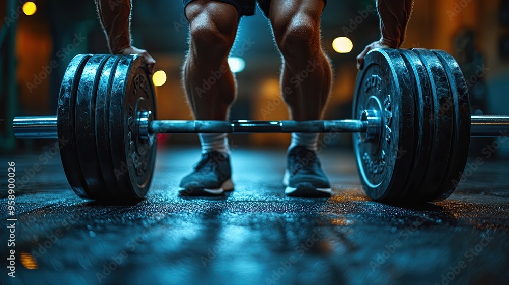 strong man preparing for barbell lift changing plates loading barbell ...