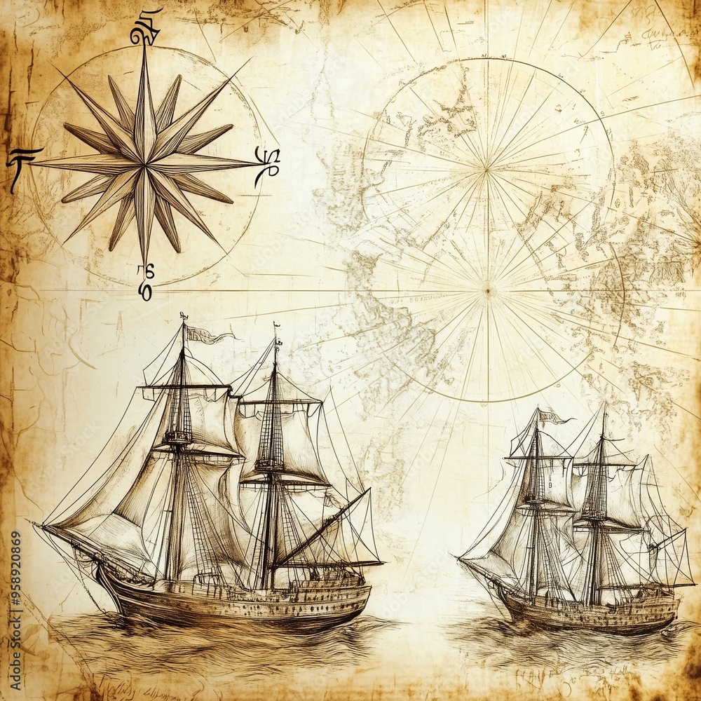 Antique nautical map with sailing ships and compass, featuring vintage ...