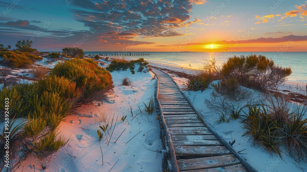 Foto de Capture a sunset scene where a rustic boardwalk leads through ...