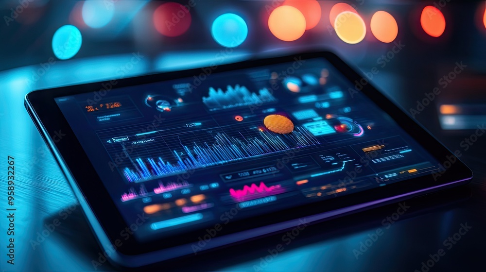 Digital tablet displaying a complex graph with analytics icons and ...