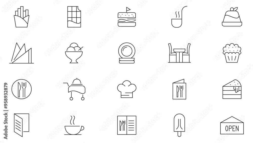 Restaurant menu line icon collection. Food and drink, table, chef ...