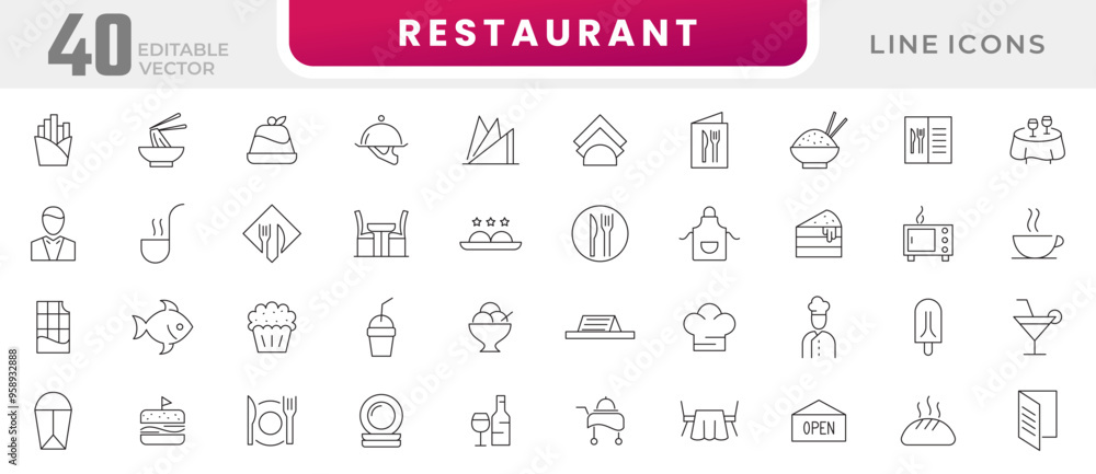 Restaurant menu line icon collection. Food and drink, table, chef ...