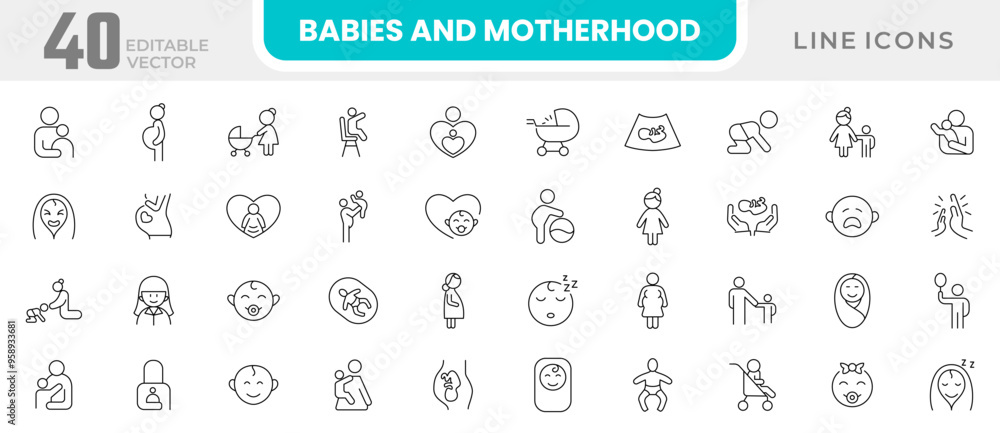 Babies and motherhood line icon collection. Pregnancy, pregnant, mom ...