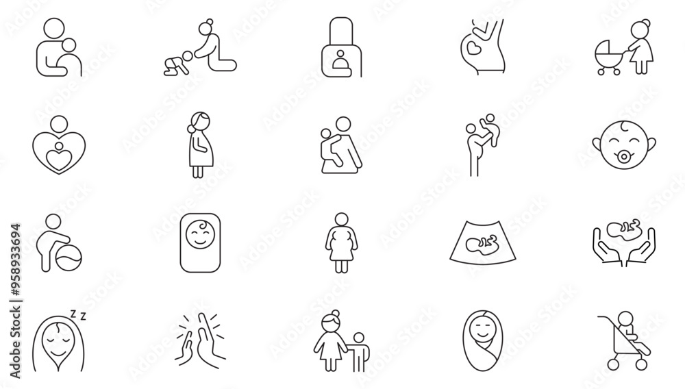 Babies and motherhood line icon collection. Pregnancy, pregnant, mom ...