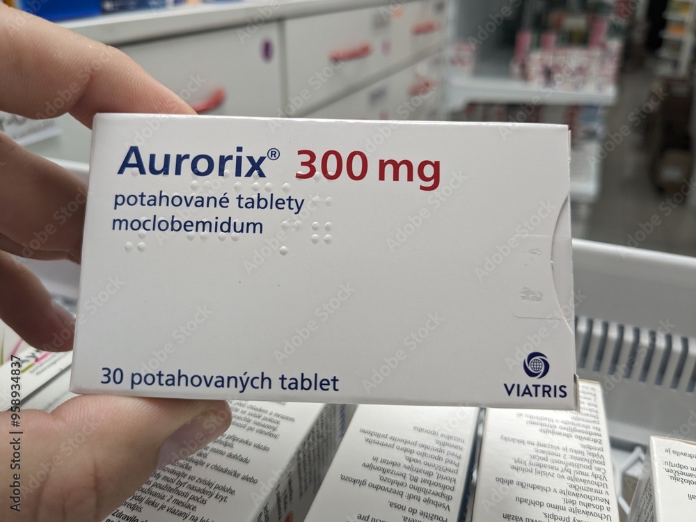 Prague, Czech Republic - August 28 2024: AURORIX box with MOCLOBEMIDE active substance by ...