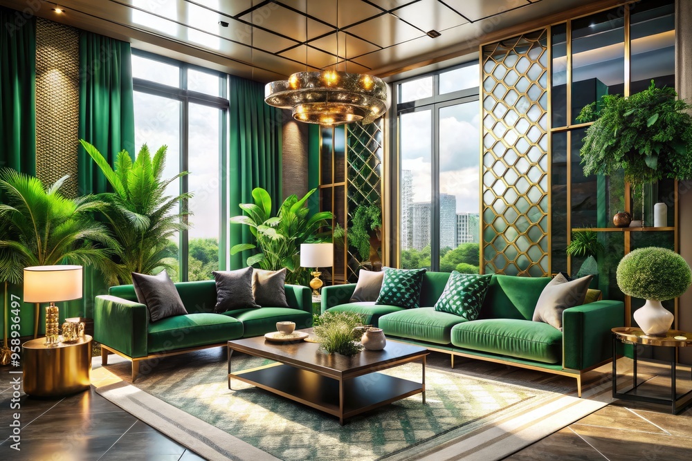 Luxurious modern living room with emerald green accents, gold geometric ...
