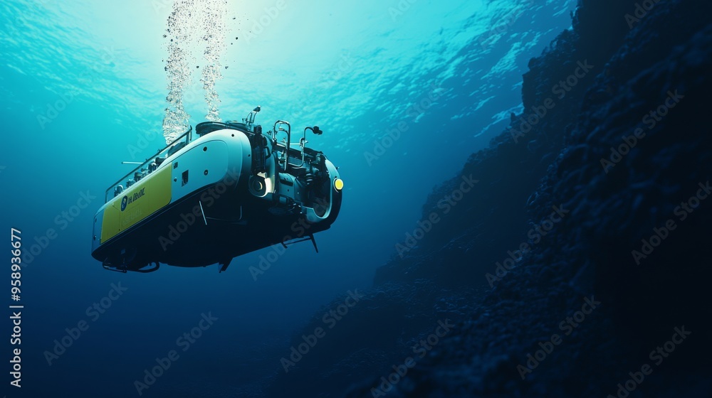 An underwater research station with deep-sea exploration robots ...