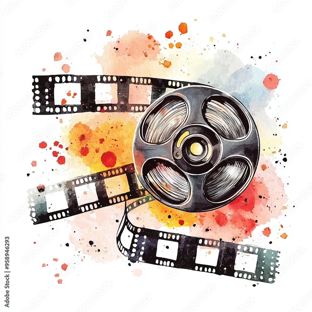 Artistic representation of a film reel and film strips with colorful ...