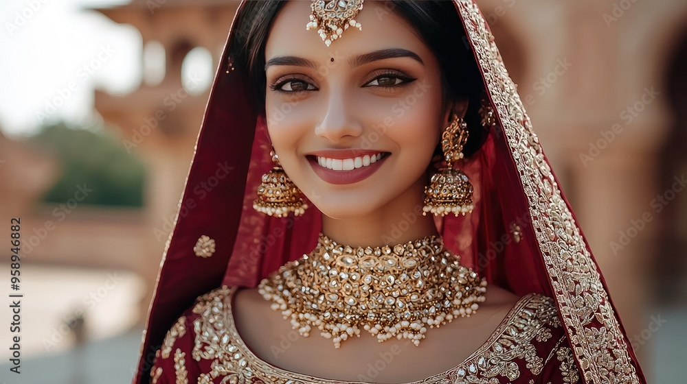 beautiful Indian bride in a red lehenga, wearing traditional white ...
