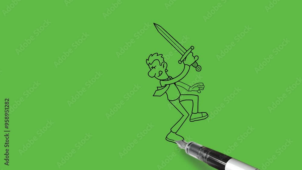 draw jumping young man hold sword upside in right hand and see backside ...