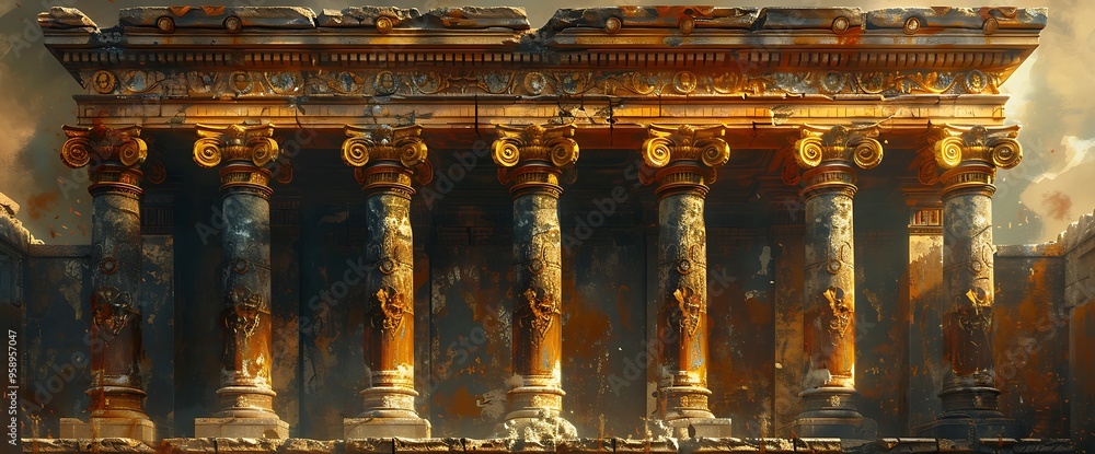 Ancient Roman temple ruins with six columns and a crumbling facade ...