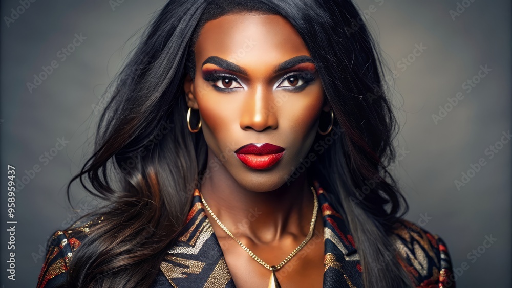 Attractive African American transgender woman with sleek hair and bold ...