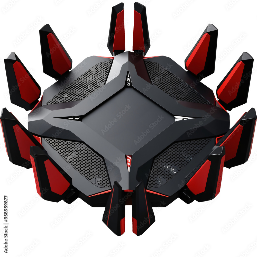 High-tech, futuristic wireless router with hexagonal layout, spider ...