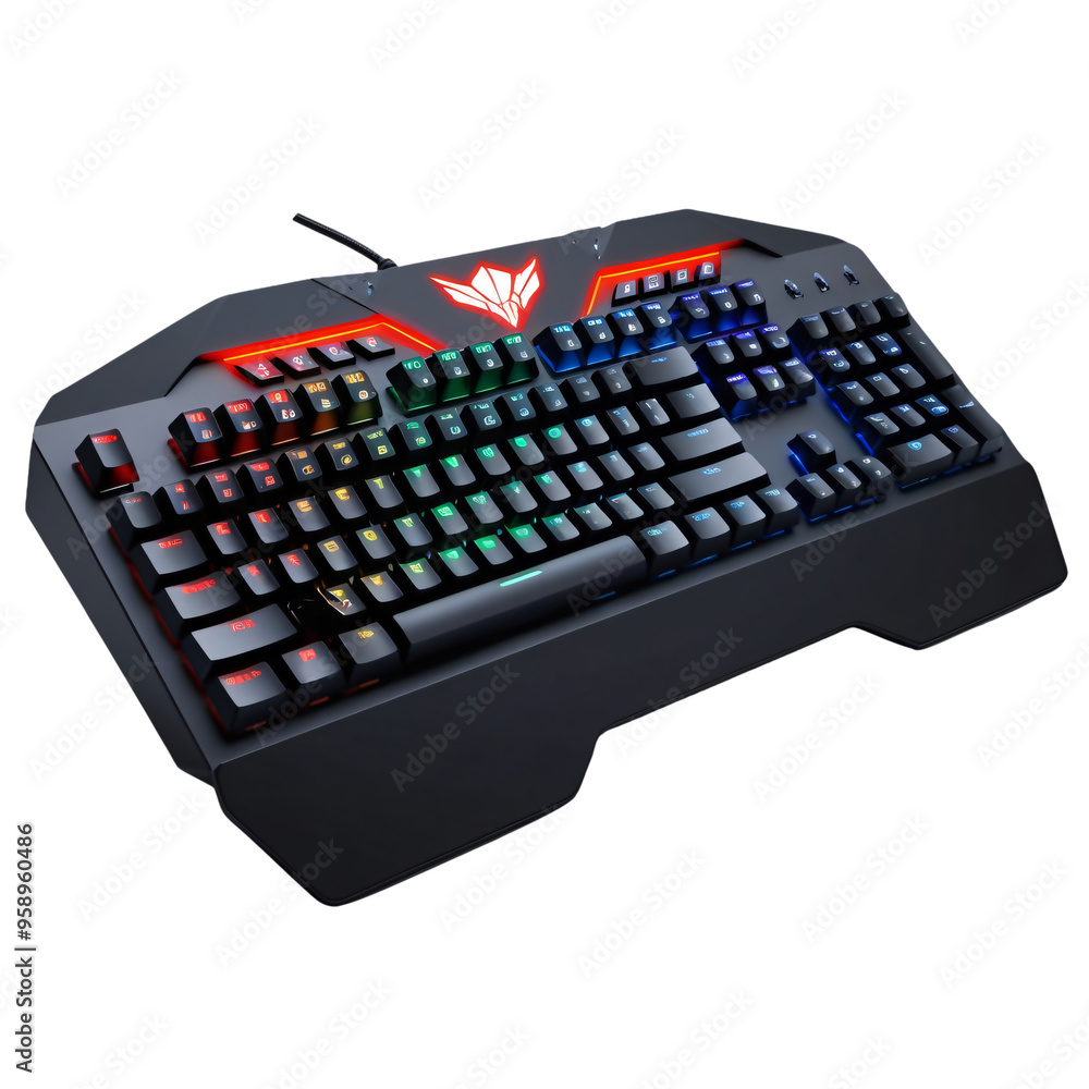 Sleek, angular gaming keyboard with black matte finish, full key layout ...