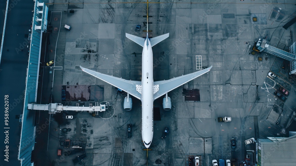 An aerial view of a commercial airplane parked at a gate at an airport ...