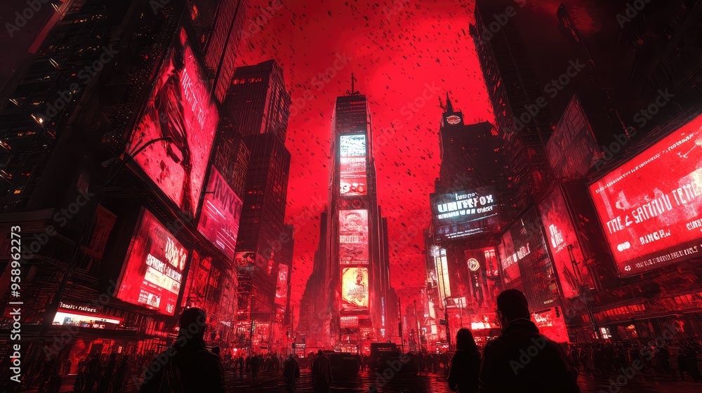 Times Square from a demonic viewpoint, with warped billboards, red ...