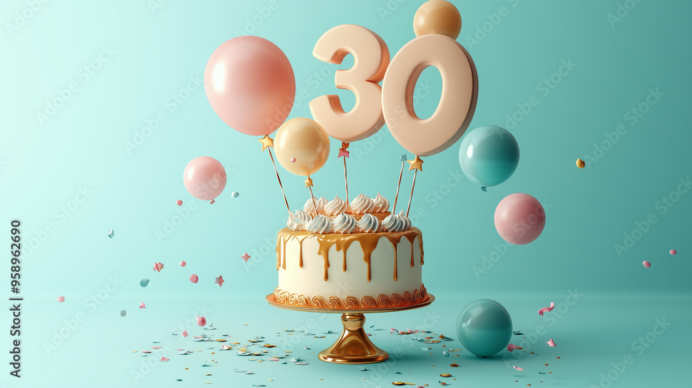 birthday cake topped with the number 30 in gold balloons, surrounded by ...