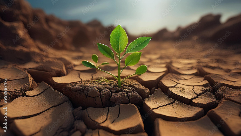 Chão de terra seca, rachada, barro. No meio das rachaduras da terra ...