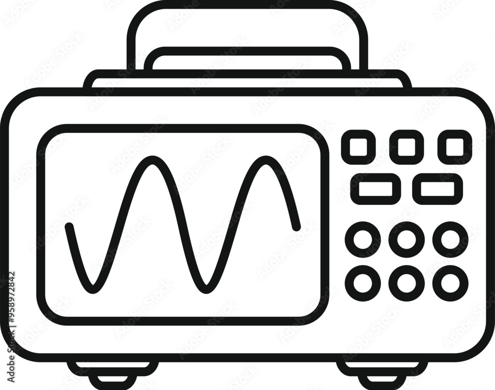Line art icon of a digital oscilloscope showing sinusoidal signal on ...