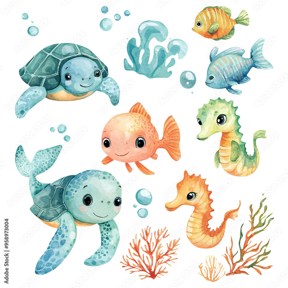 Whimsical underwater scene featuring cute sea creatures like turtles ...