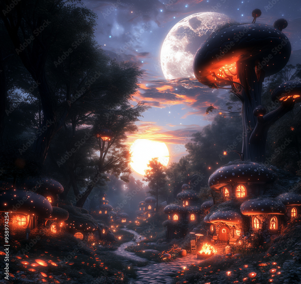 Mushroom Village Under Moonlight: A Magical Night in the Enchanted ...