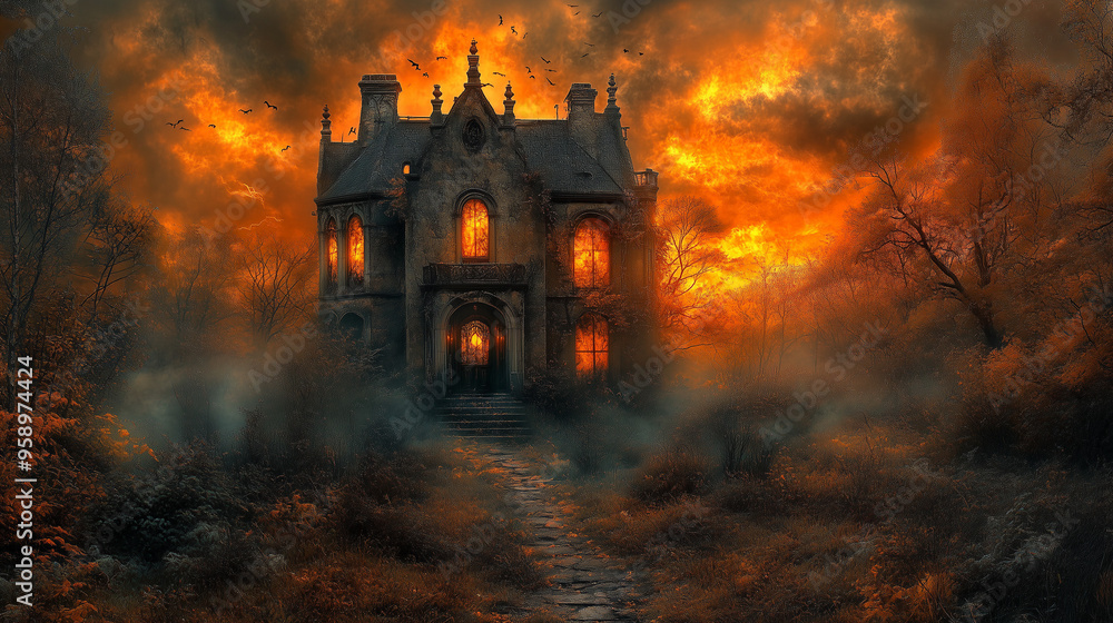Mystical haunted house at sunset with glowing windows and eerie forest ...