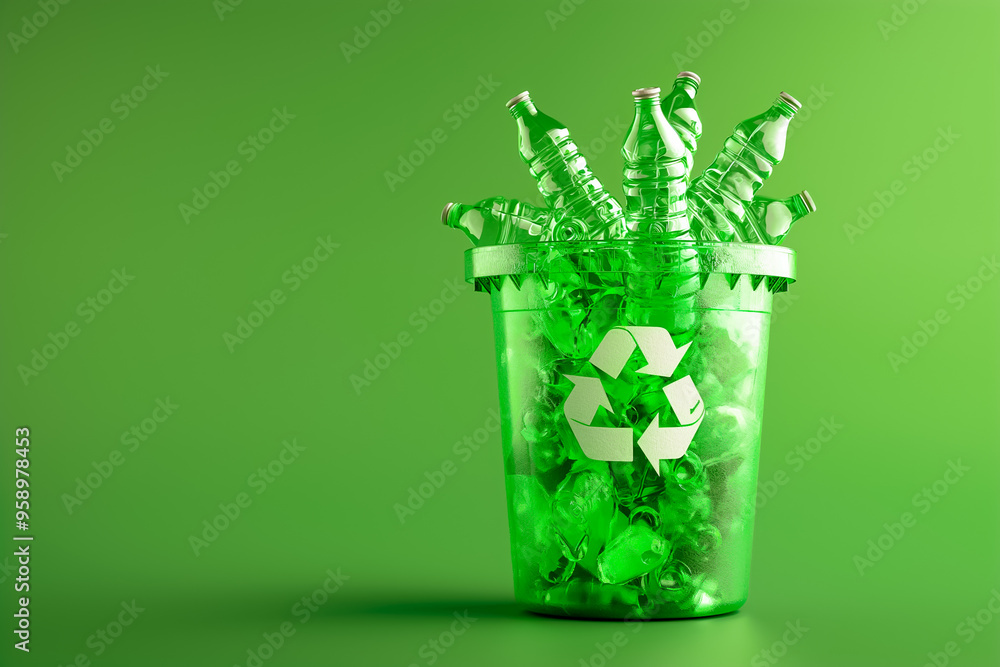 A vibrant green recycling bin overflowing with plastic bottles ...