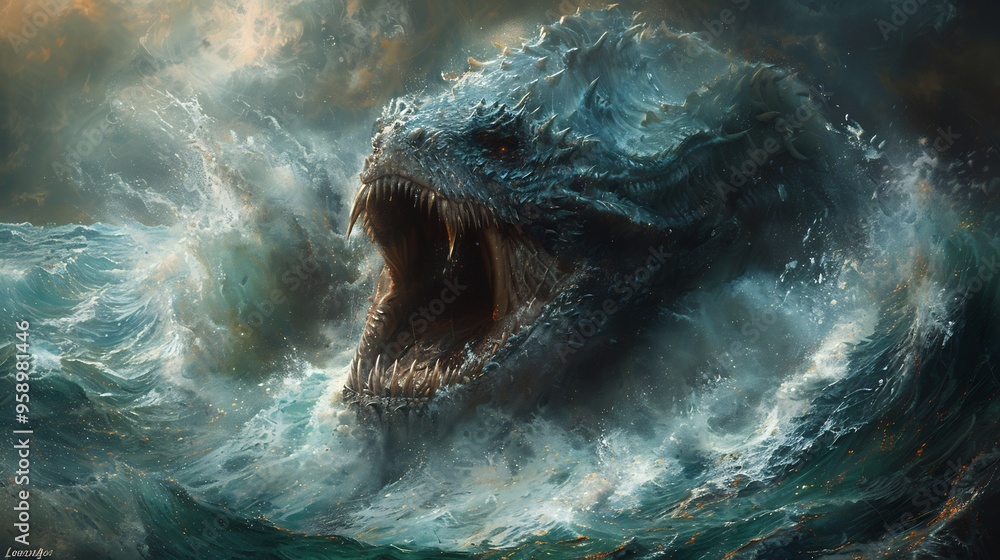 Leviathan a massive sea serpent rising from the depths ancient Biblical myth turbulent waters ...