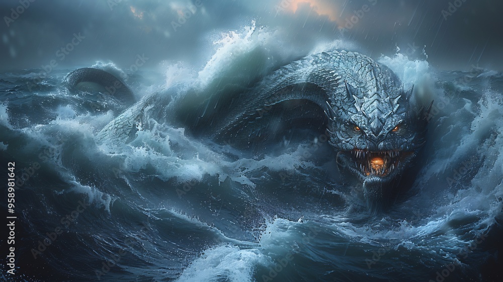 Leviathan a massive sea serpent rising from the depths ancient Biblical myth turbulent waters ...