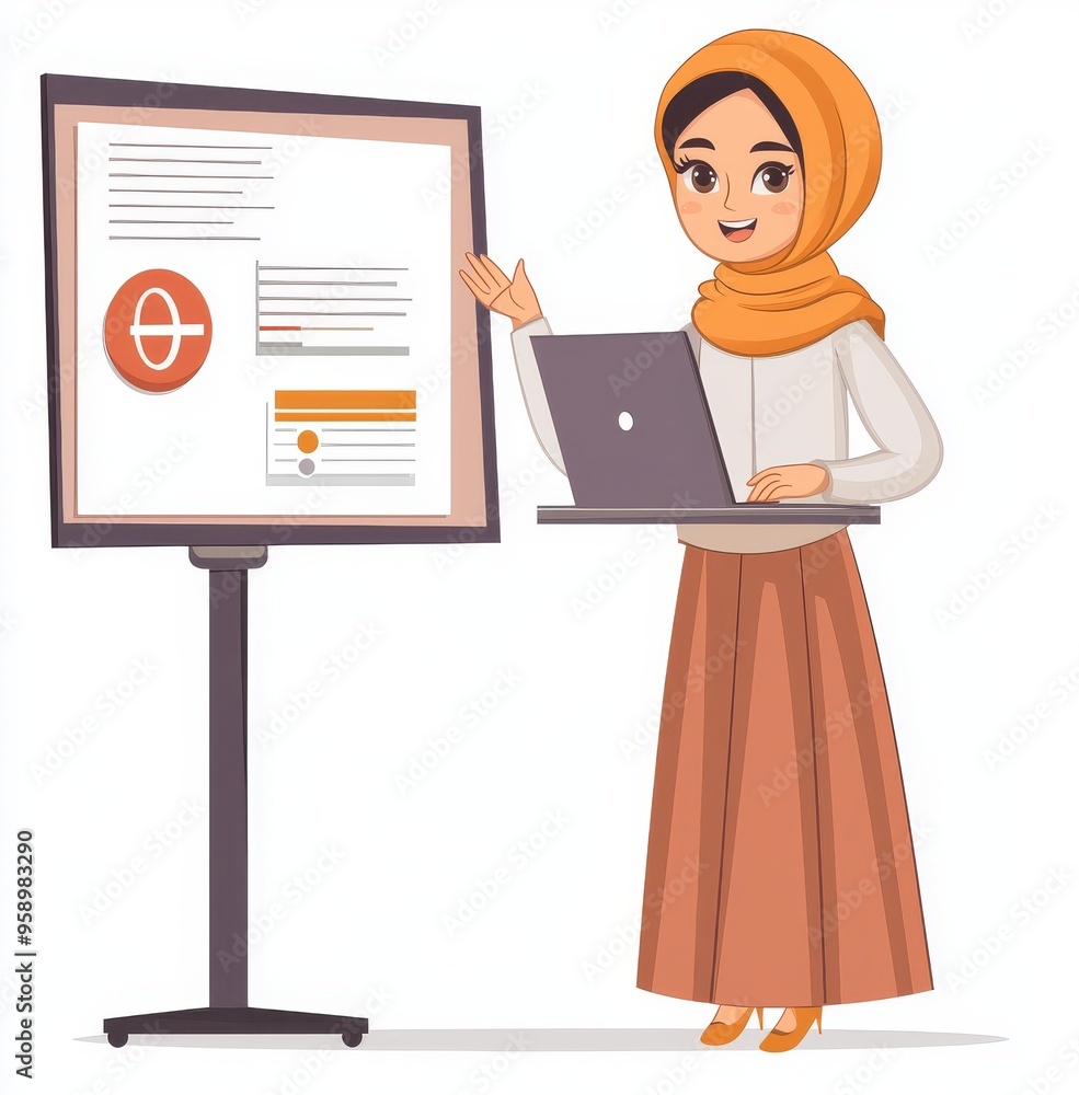 Animated cartoon illustration of a Muslim woman presenting with an ...