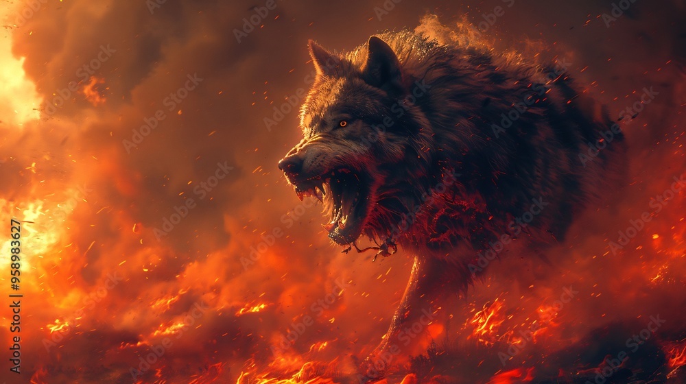 Myth of Fenrir the monstrous wolf bound by the gods jaws wide open ...