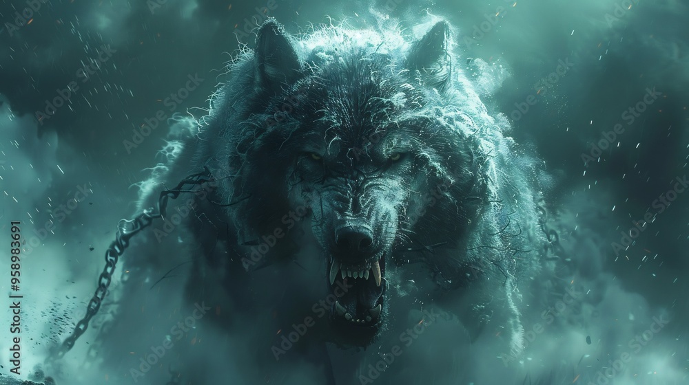 Myth of Fenrir the monstrous wolf bound by the gods jaws wide open ...