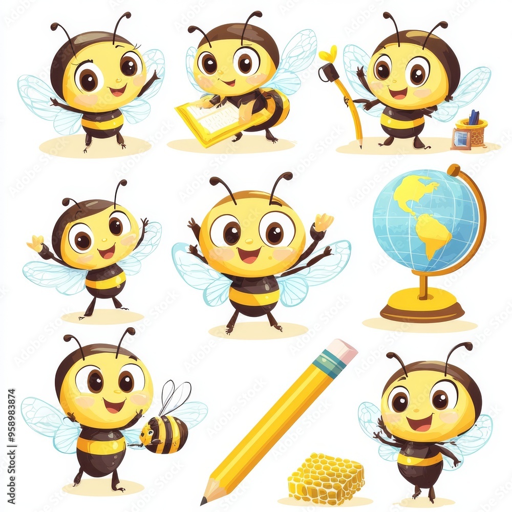 Cartoon friendly bee. Cartoon cute bee showing different poses holding ...