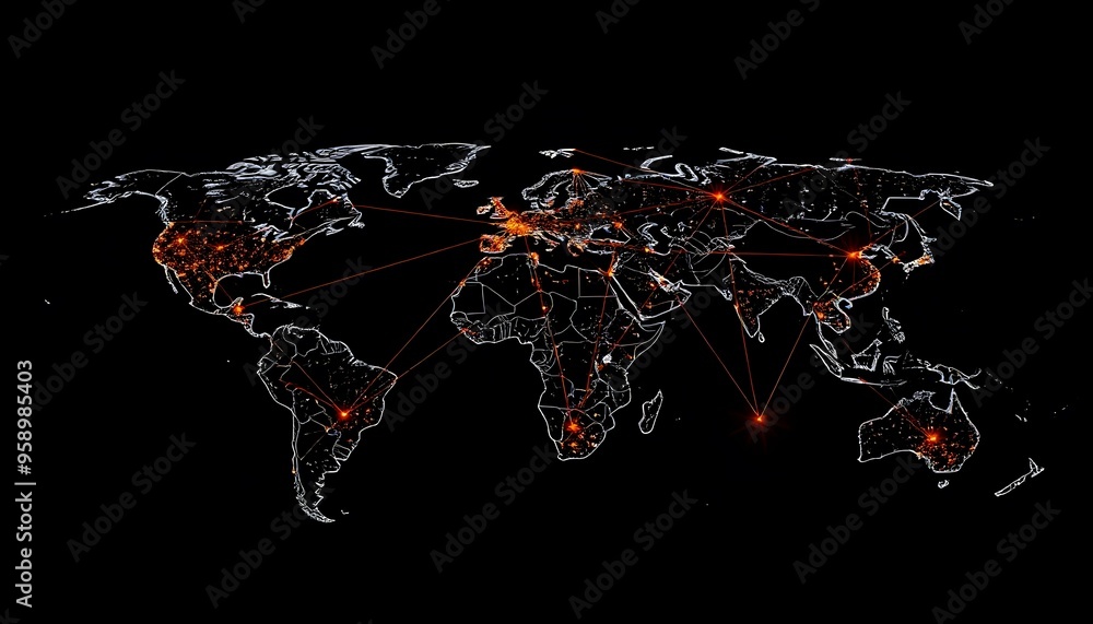 A world map at night showing the lights of cities and towns across the ...
