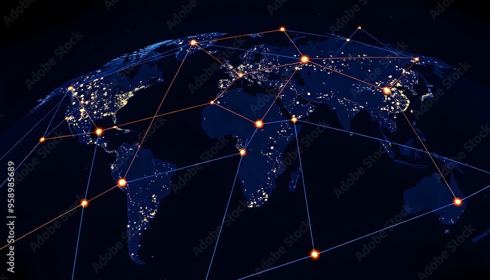 A world map at night showing the lights of cities and towns across the ...