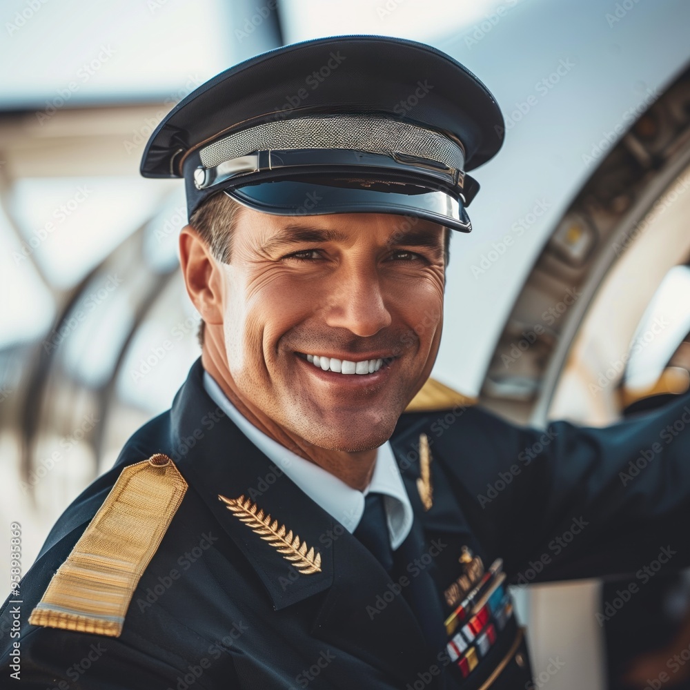 Pro pilot in uniform smiles at camera. Man wears black uniform with ...