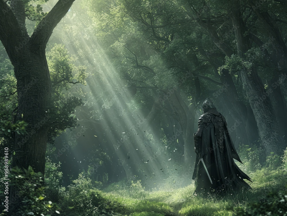 A mystical forest with ethereal lighting, where a hero clad in ancient ...