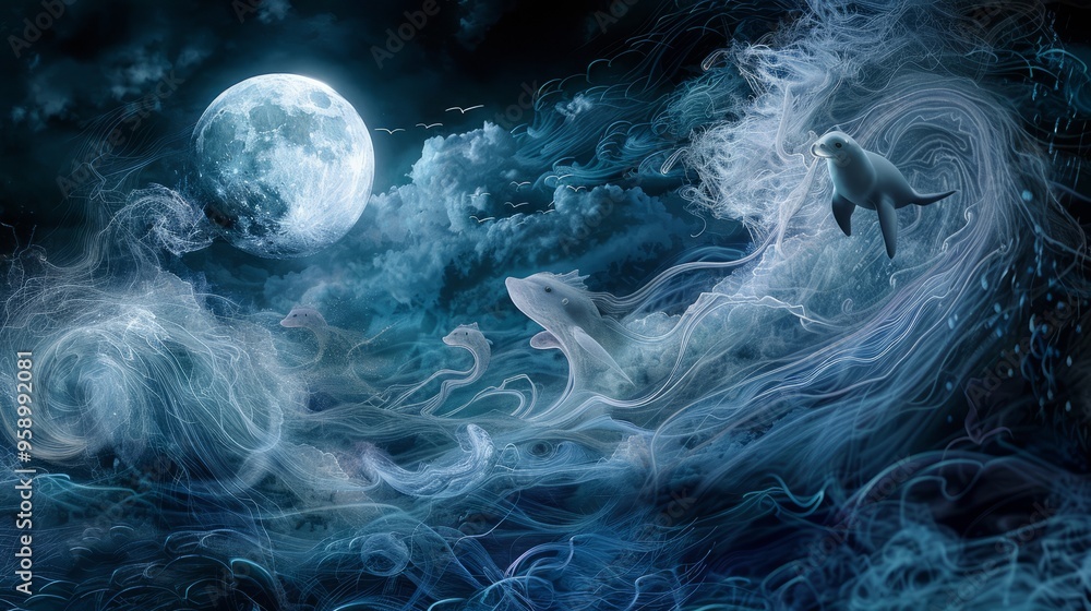 A mystical digital artwork depicting a selkie transformation under a ...