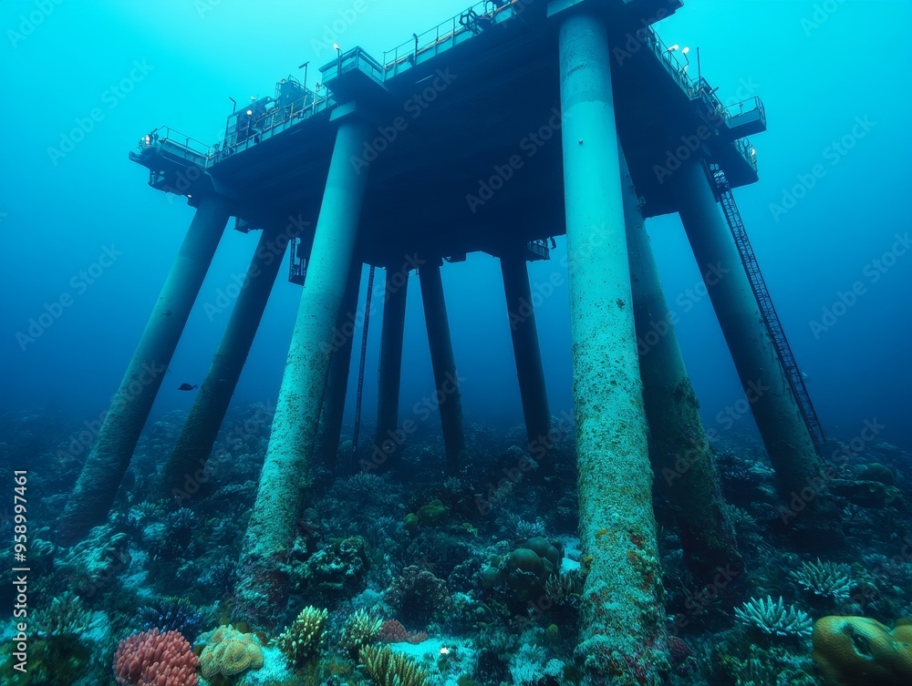 An underwater view of a large offshore platform with support beams ...