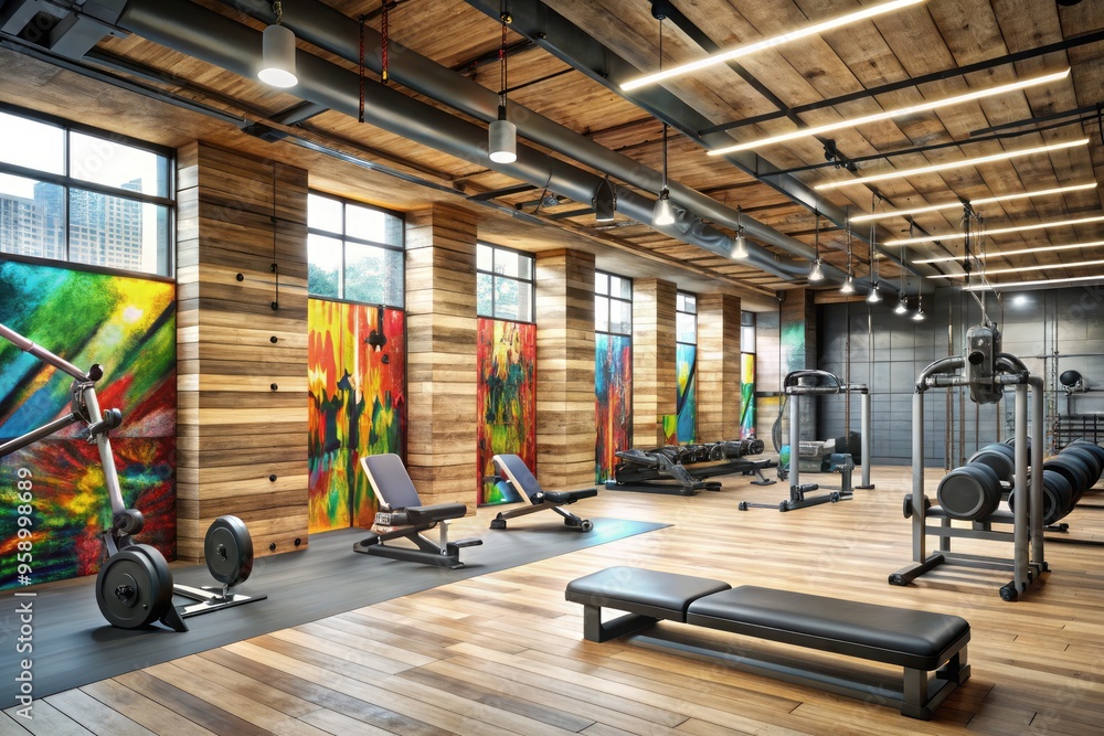 Sleek athletic equipment and vibrant graffiti adorn a modern gym's ...