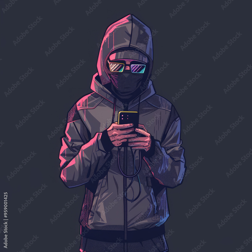 the illustration of the cartoon character of the bad criminal hacker ...